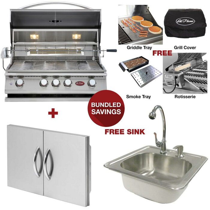 Cal Flame Stainless Steel 4 Burner Liquid Propane BBQ Island Bundle FM ...
